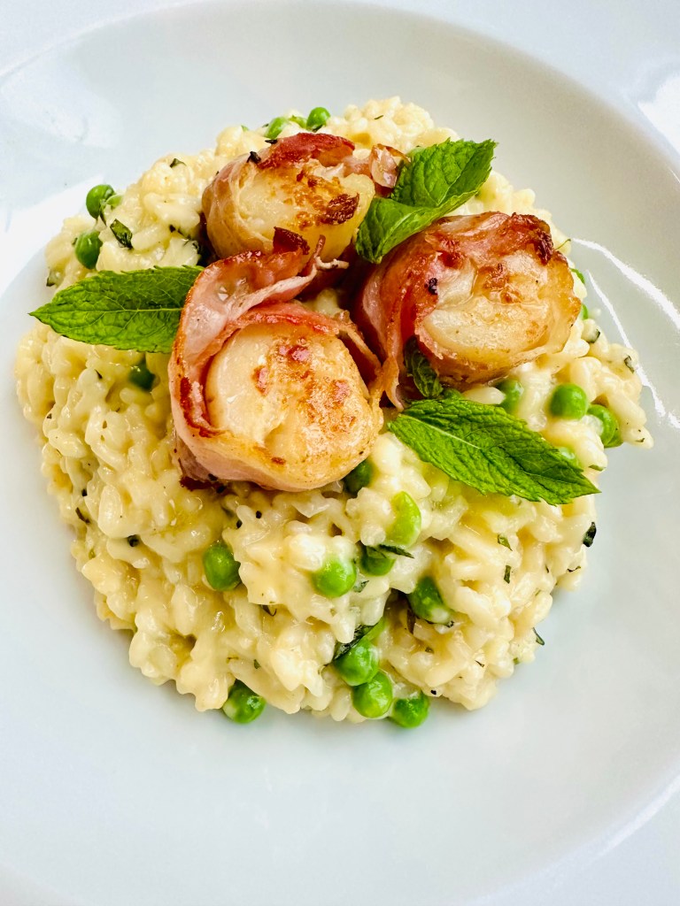Seared Scallops Wrapped in Pancetta on a bed of Pea & Mint Risotto ...